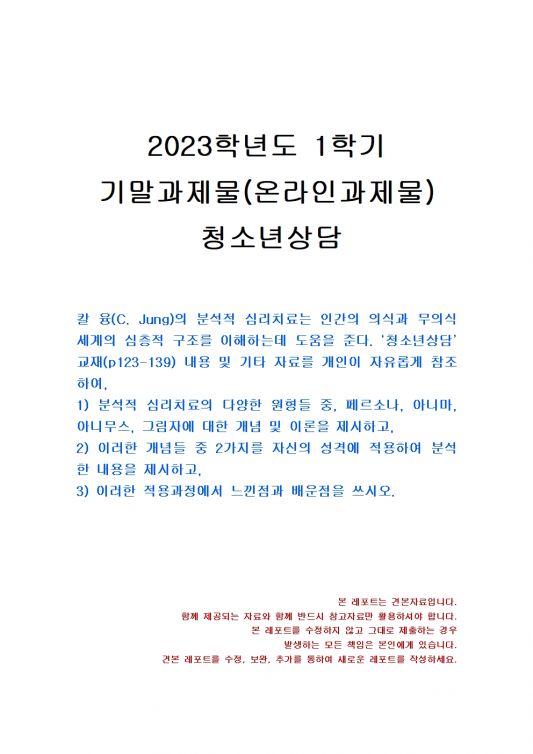 2023년 1학기 청소년상담 기말시험 과제물(분석적 심리치료의 다양한 원형)