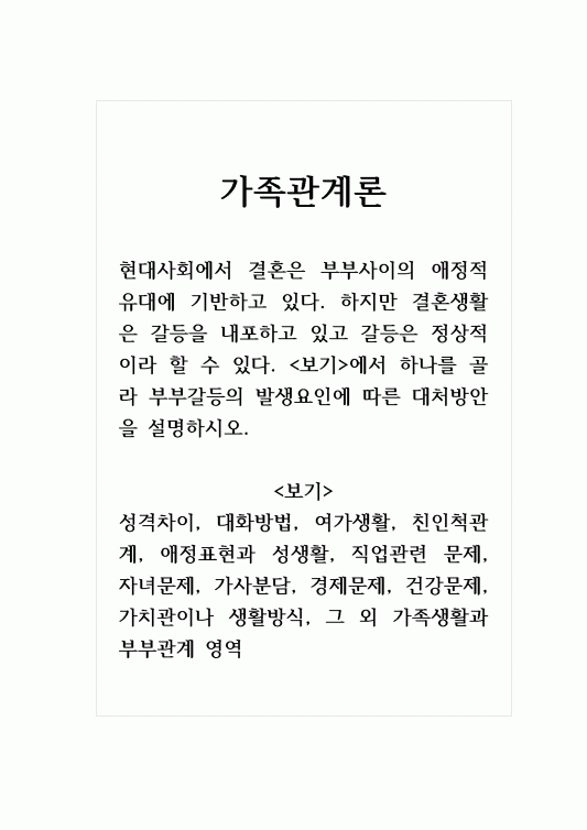 가족관계론_현대사회에서 결혼은 부부사이의 애정적 유대에 기반하고 있다. 하지만 결혼생활은 갈등을 내포하고 있고 갈등은 정상적이라 할 수 있다. (보기)에서 하나를 골라 부부갈등의 발생요인에 따른 대처방안을 설명하시오. (2)