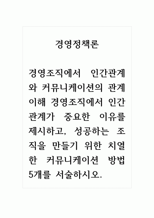 경영정책론_경영조직에서 인간관계와 커뮤니케이션의 관계 이해 경영조직에서 인간관계가 중요한 이유를 제시하고, 성공하는 조직을 만들기 위한 치열한 커뮤니케이션 방법 5개를 서술하시오.