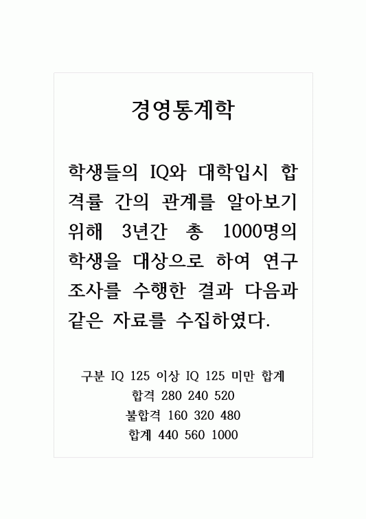 경영통계학_학생들의 IQ와 대학입시 합격률 간의 관계를 알아보기 위해 3년간 총 1000명의 학생을 대상으로 하여 연구조사를 수행한 결과 다음과 같은 자료를 수집하였다.