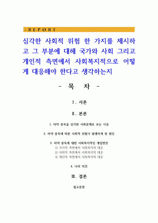 심각한 사회적 위험 한 가지를 제시하고 그 부분에 대해 국가와 사회 그리고 개인적 측면에서 사회복지적으로 어떻게 대응해야 한다고 생각하는지