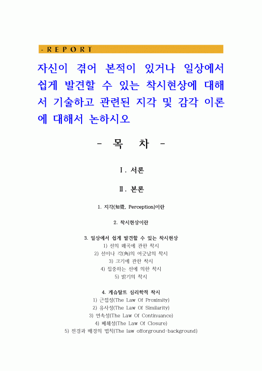 자신이 겪어 본적이 있거나 일상에서 쉽게 발견할 수 있는 착시현상에 대해서 기술하고 관련된 지각 및 감각 이론