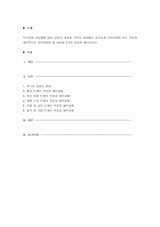 특수아를 상담함에 있어 상담의 과정과 각각의 과정에서 중요하게 다루어져야 하는 목표와 세부적으로 이루어저야 할 일들을 2가지 이상씩 제시하시오