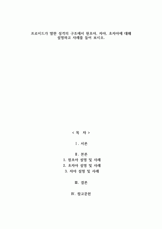 프로이드가 말한 성격의 구조에서 원초아, 자아, 초자아에 대해 설명하고 사례를 들어 보시오