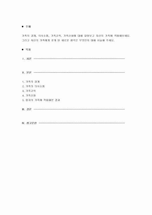 가족의 경계, 의사소통, 가족규칙, 가족신화에 대해 알아보고 자신의 가족에 적용해보세요. 그리고 자신의 가족에게 갖게 된 새로운 생각은 무엇인지 대해 서술해 주세요.