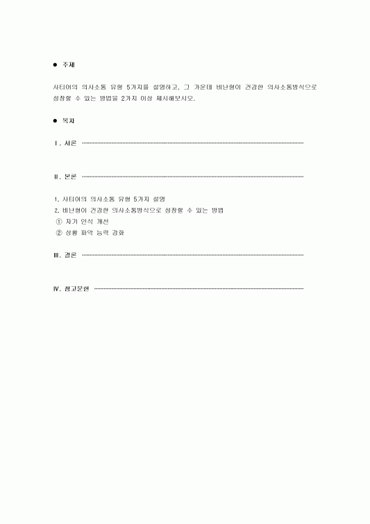 사티어의 의사소통 유형 5가지를 설명하고, 그 가운데 비난형이 건강한 의사소통방식으로 성장할 수 있는 방법을 2가지 이상 제시해보시오.