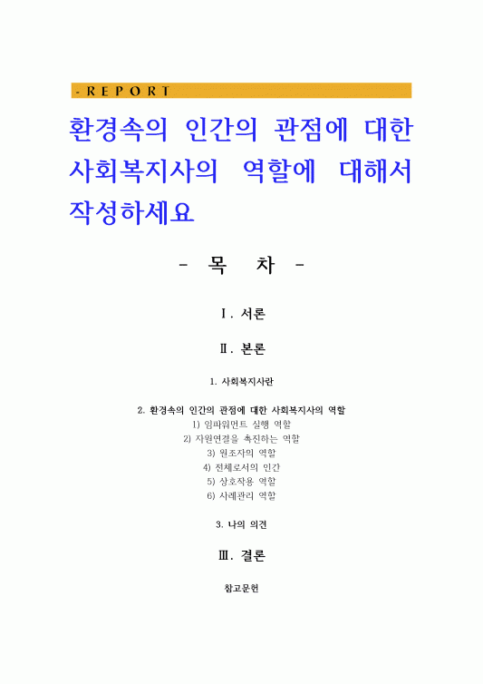 환경속의 인간의 관점에 대한 사회복지사의 역할에 대해서 작성하세요