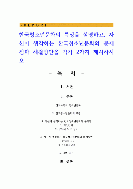 한국청소년문화의 특징을 설명하고 자신이 생각하는 한국청소년문화의 문제점과 해결방안을 각각 2가지 제시하시오