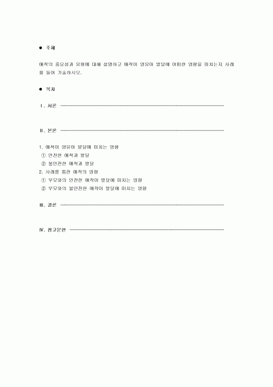 애착의 중요성과 유형에 대해 설명하고 애착이 영유아 발달에 어떠한 영향을 미치는지 사례를 들어 기술하시오.
