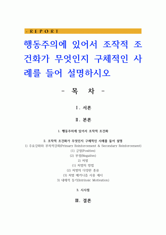 행동주의에 있어서 조작적 조건화가 무엇인지 구체적인 사례를 들어 설명하시오