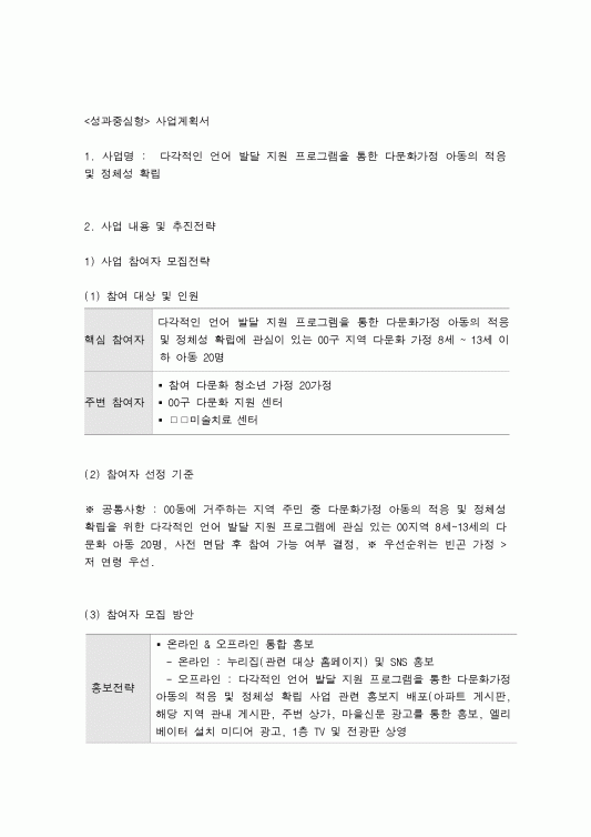 사회복지 프로그램, 다각적인 언어 발달 지원 프로그램을 통한 다문화가정 아동의 적응 및 정체성 확립