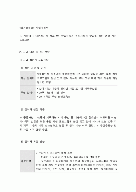 사회복지 프로그램, 다문화가정 청소년의 학교적응과 심리사회적 발달을 위한 통합 지원 프로그램