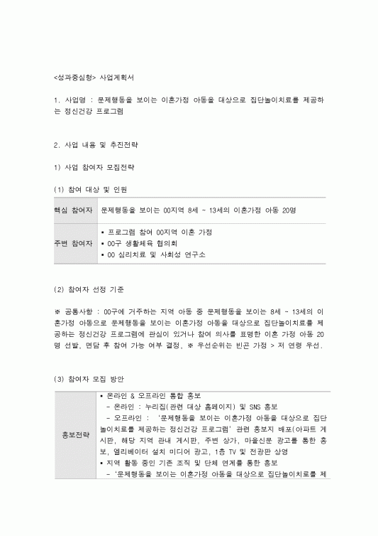 사회복지 프로그램, 문제행동을 보이는 이혼가정 아동을 대상으로 집단놀이치료를 제공하는 정신건강 프로그램