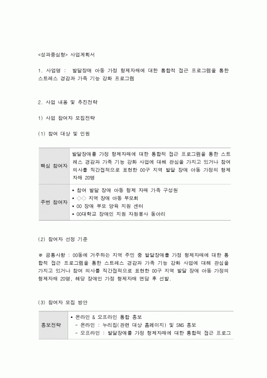 사회복지 프로그램, 발달장애 아동 가정 형제자매에 대한 통합적 접근 프로그램을 통한 스트레스 경감과 가족 기능 강화 프로그램