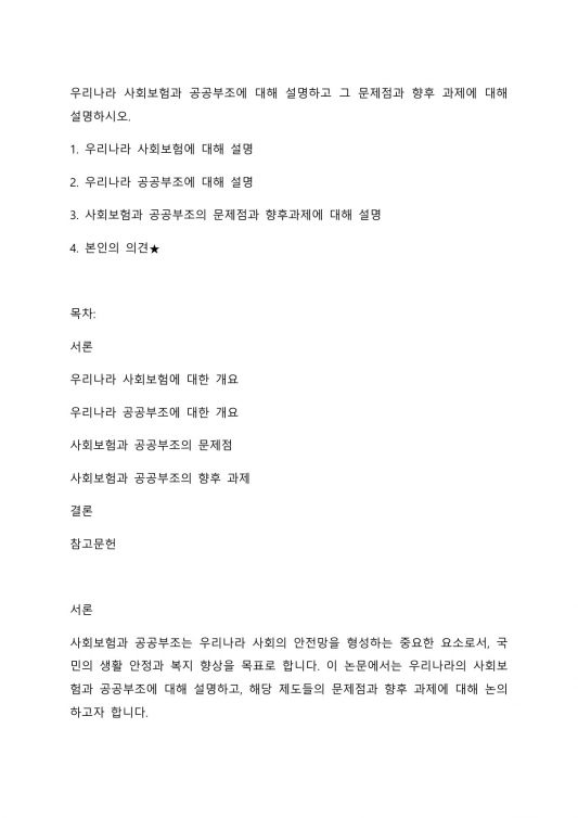 우리나라 사회보험과 공공부조에 대해 설명하고 그 문제점과 향후 과제에 대해 설명하시오.