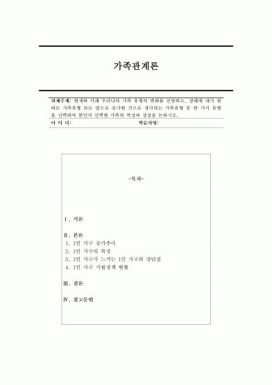 현재와 미래 우리나라 가족 유형의 변화를 전망하고, 장래에 내가 원하는 가족유형 또는 앞으로 증가할 것으로 생각되는 가족유형 중 한 가지 유형을 선택하여 본인이 선택한 가족의 특성과 강점을 논하시오.