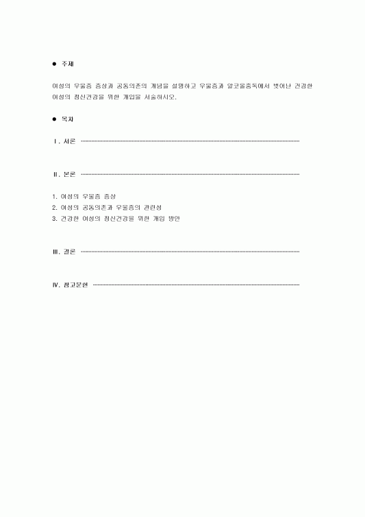 여성의 우울증 증상과 공동의존의 개념을 설명하고 우울증과 알코올중독에서 벗어난 건강한 여성의 정신건강을 위한 개입을 서술하시오.