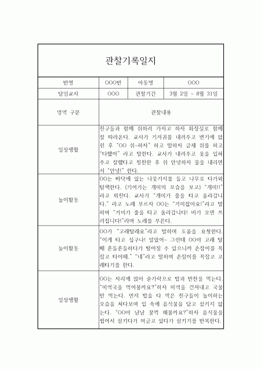 만2세 (4세) 3월-8월 1학기 관찰기록