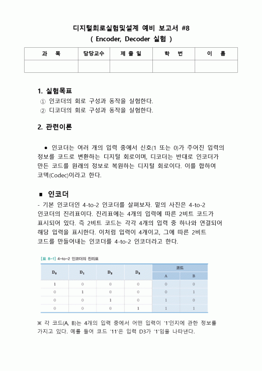 디지털 회로 실험 및 설계 - Encoder, Decoder 실험 1