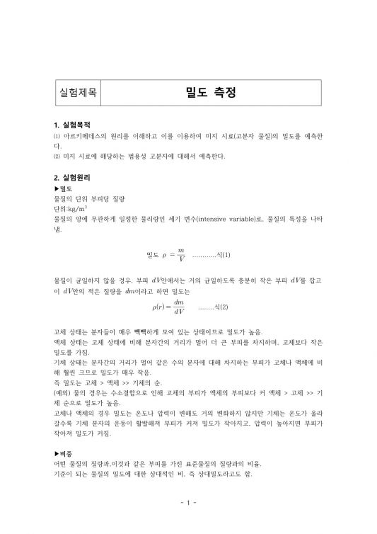 단국대 고분자기초실험 고기실 밀도측정 결과