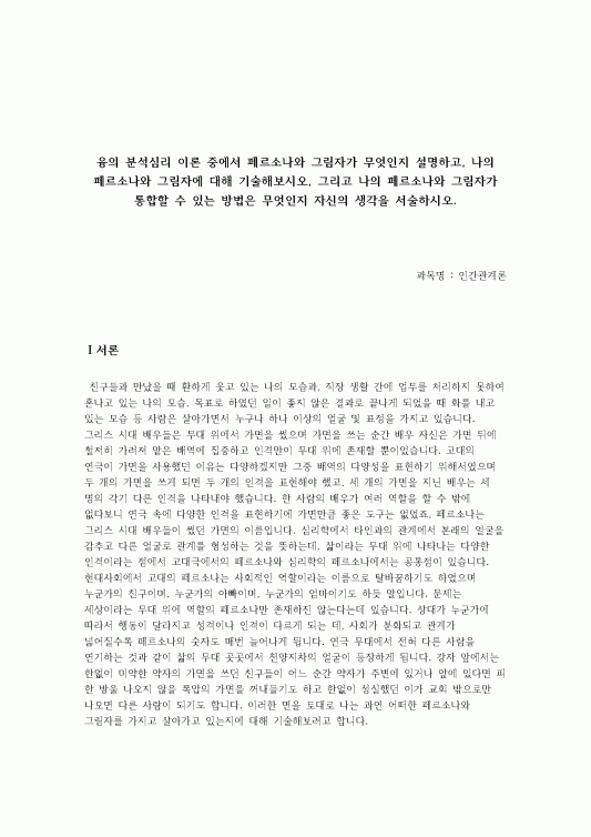 융의 분석심리 이론 중에서 페르소나와 그림자가 무엇인지 설명하고, 나의 페르소나와 그림자에 대해 기술해보시오, 그리고 나의 페르소나와 그림자가 통합할 수 있는 방법은 무엇인지 자신의 생각을 서술하시오.