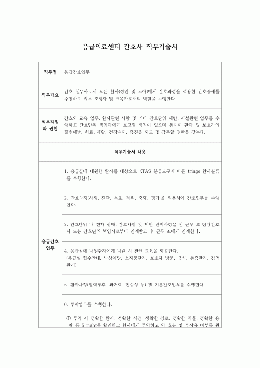 응급의료센터 간호사 직무기술서