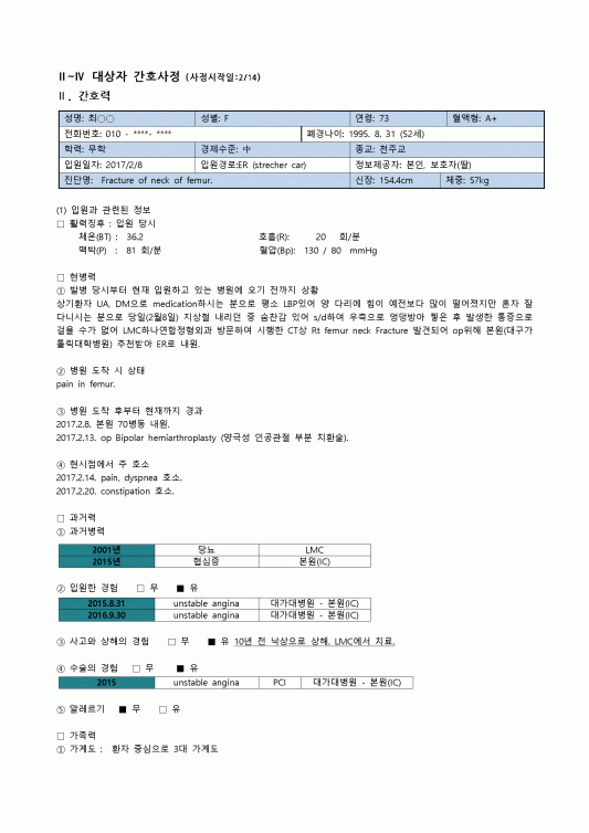 성인실습케이스, 대퇴골경부골절환자 간호사정 및 간호수행 (3개의 간호진단, 간호수행을 중점으로, 문헌고찰 X)