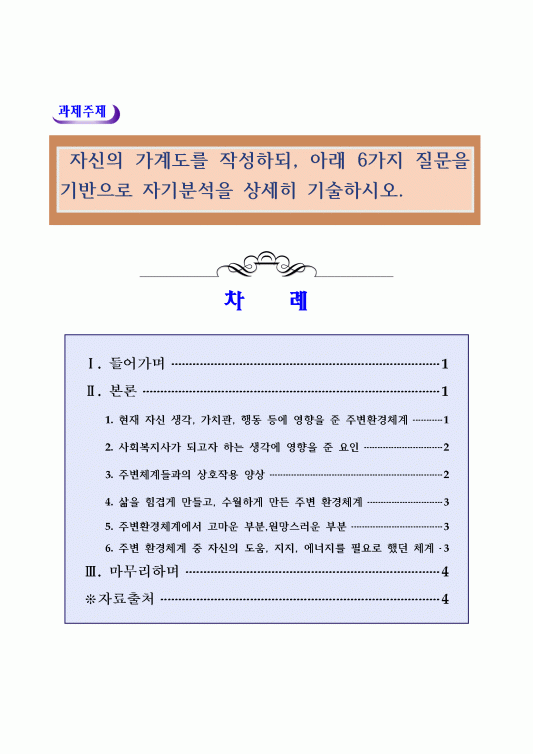 자신의 가계도를 작성하되, 아래 6가지 질문을 기반으로 자기분석을 상세히 기술하시오.