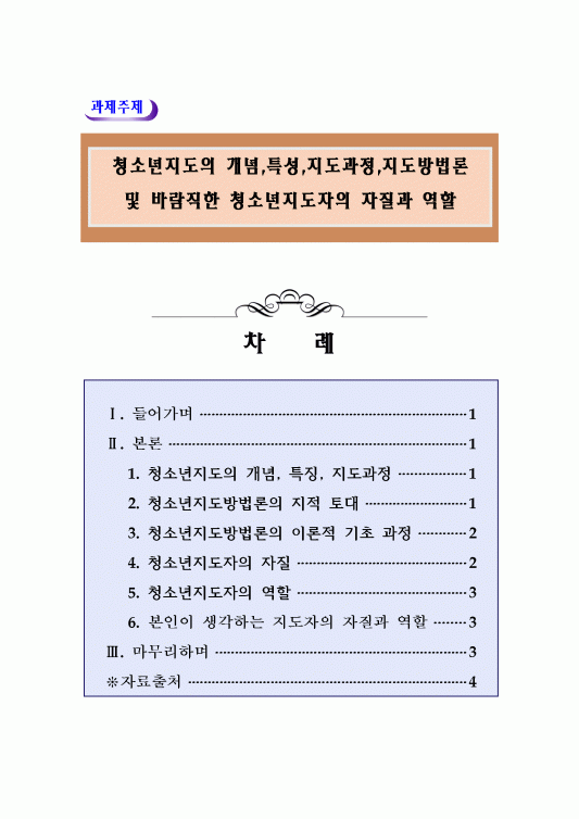 청소년지도의 개념,특성,지도과정,지도방법론  및 바람직한 청소년지도자의 자질과 역할