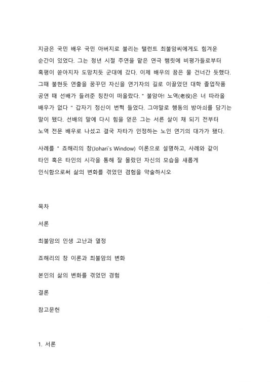지금은 국민 배우 국민 아버지로 불리는 탤런트 최불암씨에게도 힘겨운 순간이 있었다. 그는 청년 시절 주연을 맡은 연극 햄릿에 비평가들로부터 혹평이 쏟아지자 도망치듯 군대에 갔다. 이제 배우의 꿈은 물 건너간 듯했다.