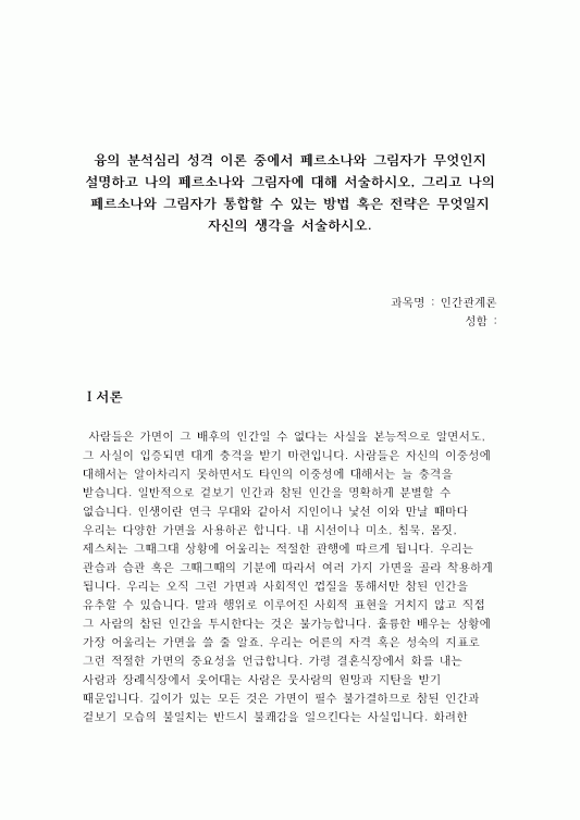 융의 분석심리 성격 이론 중에서 페르소나와 그림자가 무엇인지 설명하고 나의 페르소나와 그림자에 대해 서술하시오, 그리고 나의 페르소나와 그림자가 통합할 수 있는 방법 혹은 전략은 무엇일지 자신의 생각을 서술하시오.