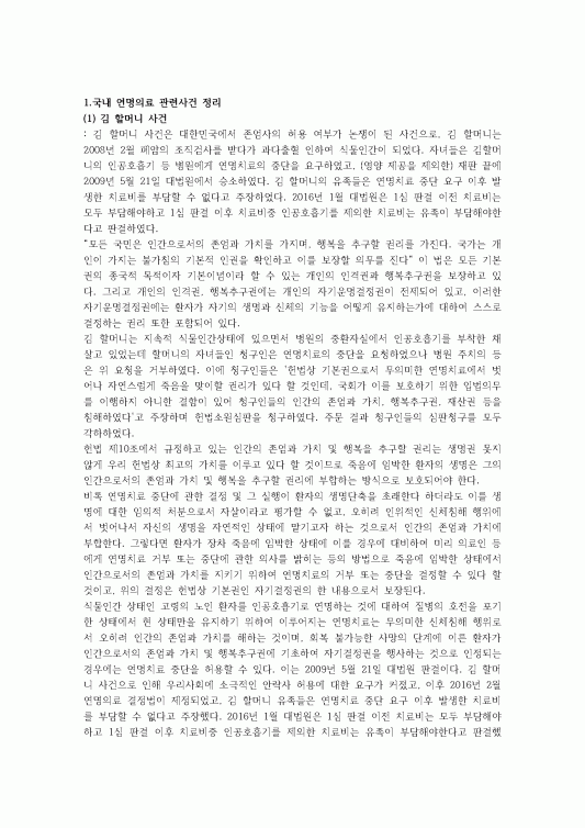 [보건의료 법규]국내외 연명의료 사건 정리본과 연명의료에 대한 비판적 사고