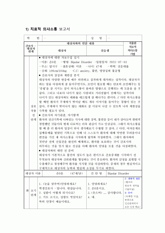 정신간호실습 치료적 의사소통 레포트 (양극성장애)(Bipolar Disorder)