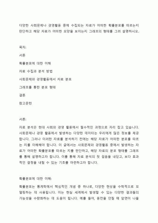 다양한 사회문제나 경영활동 중에 수집되는 자료가 어떠한 확률분포를 따르는지 판단하고 해당 자료가 어떠한 모양을 보이는지 그래프의 형태를 그려 설명하시오.