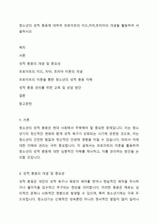 청소년의 성적 충동에 대하여 프로이트의 이드,자아,초자아의 개념을 활용하여 서술하시오