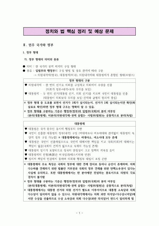 정치와 법 Ⅱ단원(민주 국가와 정부) 핵심 정리 및 예상 문제