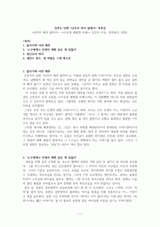 김연수 단편 난주의 바다 앞에서 독후감