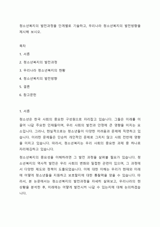 청소년복지의 발전과정을 단계별로 기술하고, 우리나라 청소년복지의 발전방향을 제시해 보시오.
