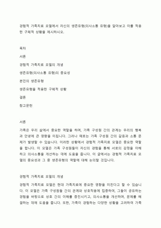경험적 가족치료 모델에서 자신의 생존유형(의사소통 유형)을 알아보고 이를 적용한 구체적 상황을 제시하시오.