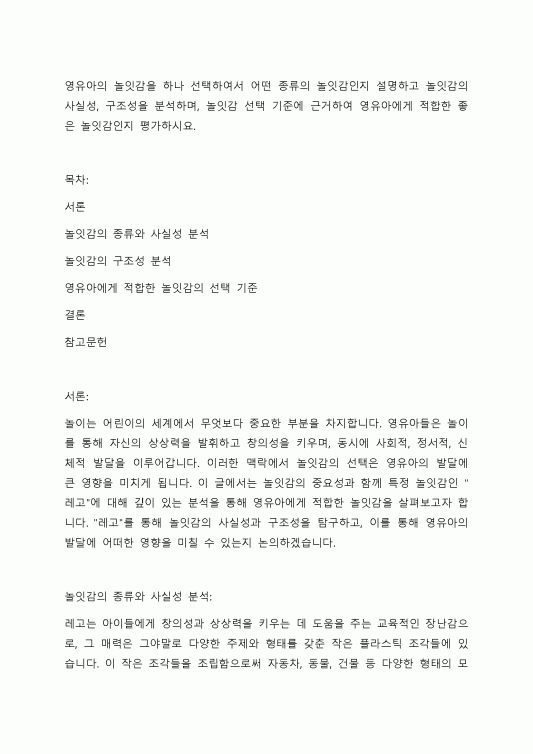 영유아의 놀잇감을 하나 선택하여서 어떤 종류의 놀잇감인지 설명하고 놀잇감의 사실성, 구조성을 분석하며, 놀잇감 선택 기준에 근거하여 영유아에게 적합한 좋은 놀잇감인지 평가하시요.