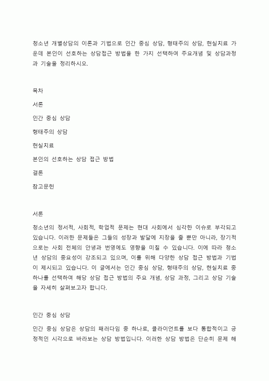 청소년 개별상담의 이론과 기법으로 인간 중심 상담, 형태주의 상담, 현실치료 가운데 본인이 선호하는 상담접근 방법을 한 가지 선택하여 주요개념 및 상담과정과 기술을 정리하시오.