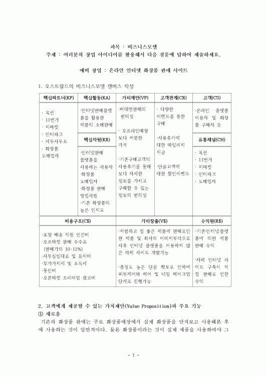 창업여러분의 창업 아이디어를 활용해서 다음 질문에 답하여 제출하세요.오스트왈드의 비즈니스모델 캔버스,가치제안 아이디어