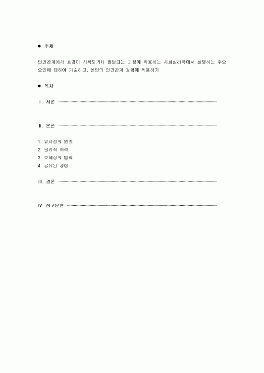 인간관계에서 호감이 시작되거나 발달되는 과정에 작용하는 사회심리학에서 설명하는 주요 요인에 대하여 기술하고, 본인의 인간관계 경험에 적용하기
