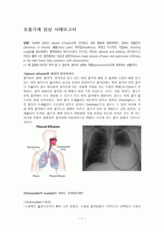 성인간호학 호흡기계 폐렴 흉막삼출 임상사례보고서