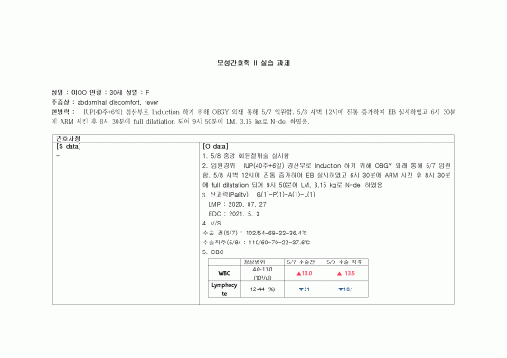 모성간호학 실습 분만 감염 위험성 간호과정