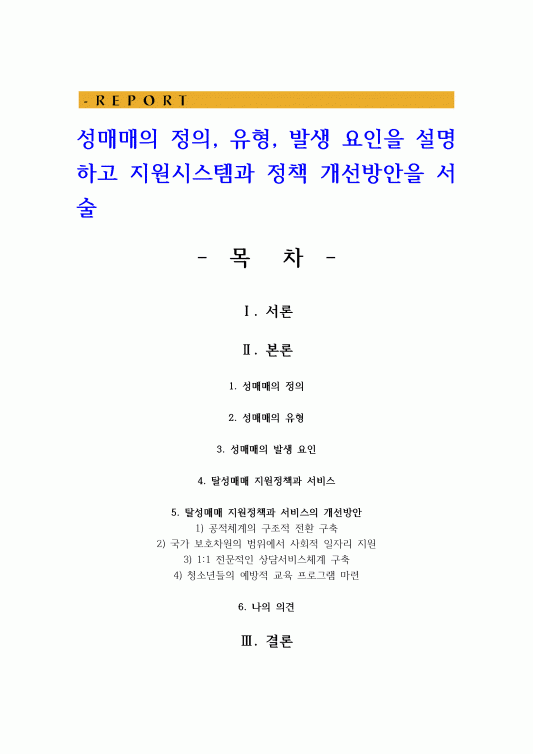 성매매의 정의 유형 발생 요인을 설명하고 지원시스템과 정책 개선방안을 서술