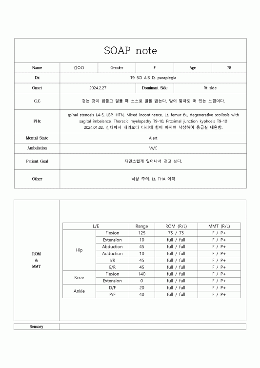 1. SOAP note ASIA D SCI 환자분