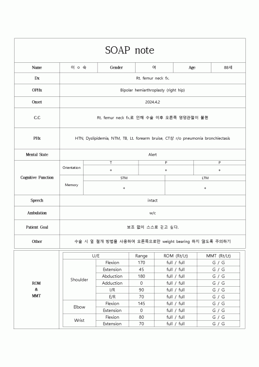 8. SOAP note 고관절 골절 인공관절 반치환술 재활