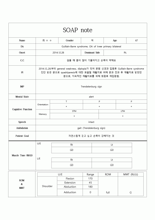 10. SOAP note Guillain-Barre syndrome 환자분