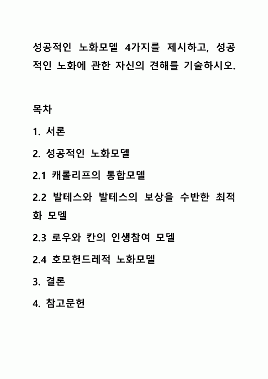 성공적인 노화모델 4가지를 제시하고, 성공적인 노화에 관한 자신의 견해를 기술하시오.